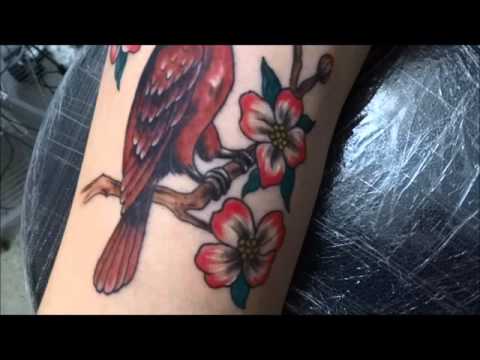Cardinal and Dogwood flowers Chris Cosmos Tattoo Studio