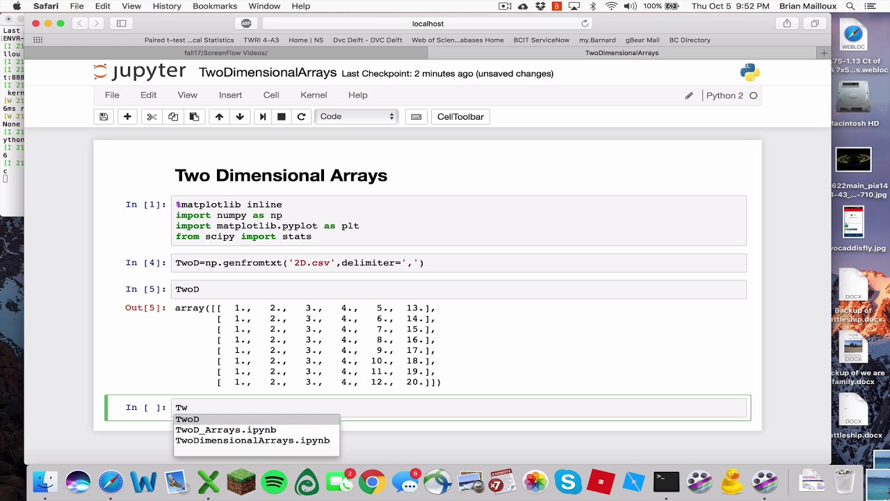 Python Two Dimensional Numpy Arrays