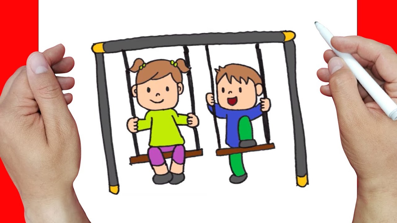 Como dibujar UNOS NIÑOS JUGANDO EN UN COLUMPIO paso a paso y MUY FACIL - Dibujos para Colorear