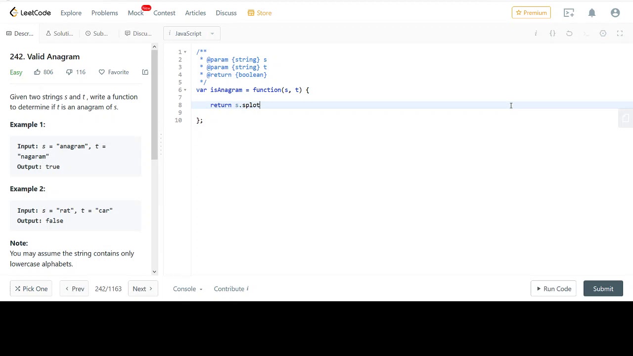 LeetCode 242.  Valid Anagram JavaScript Solution: Very Readable One Line
