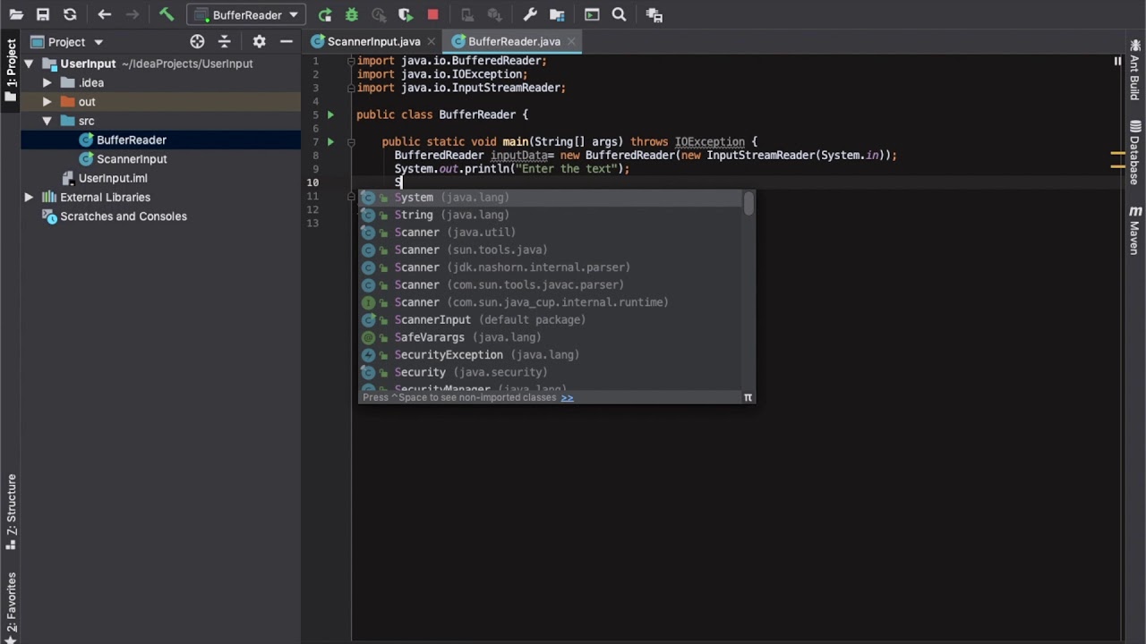 Getting user input in java using BufferedReader Class(intellij-2019)