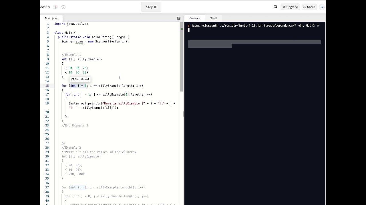 Walkthrough helping a student debug Java 2D array