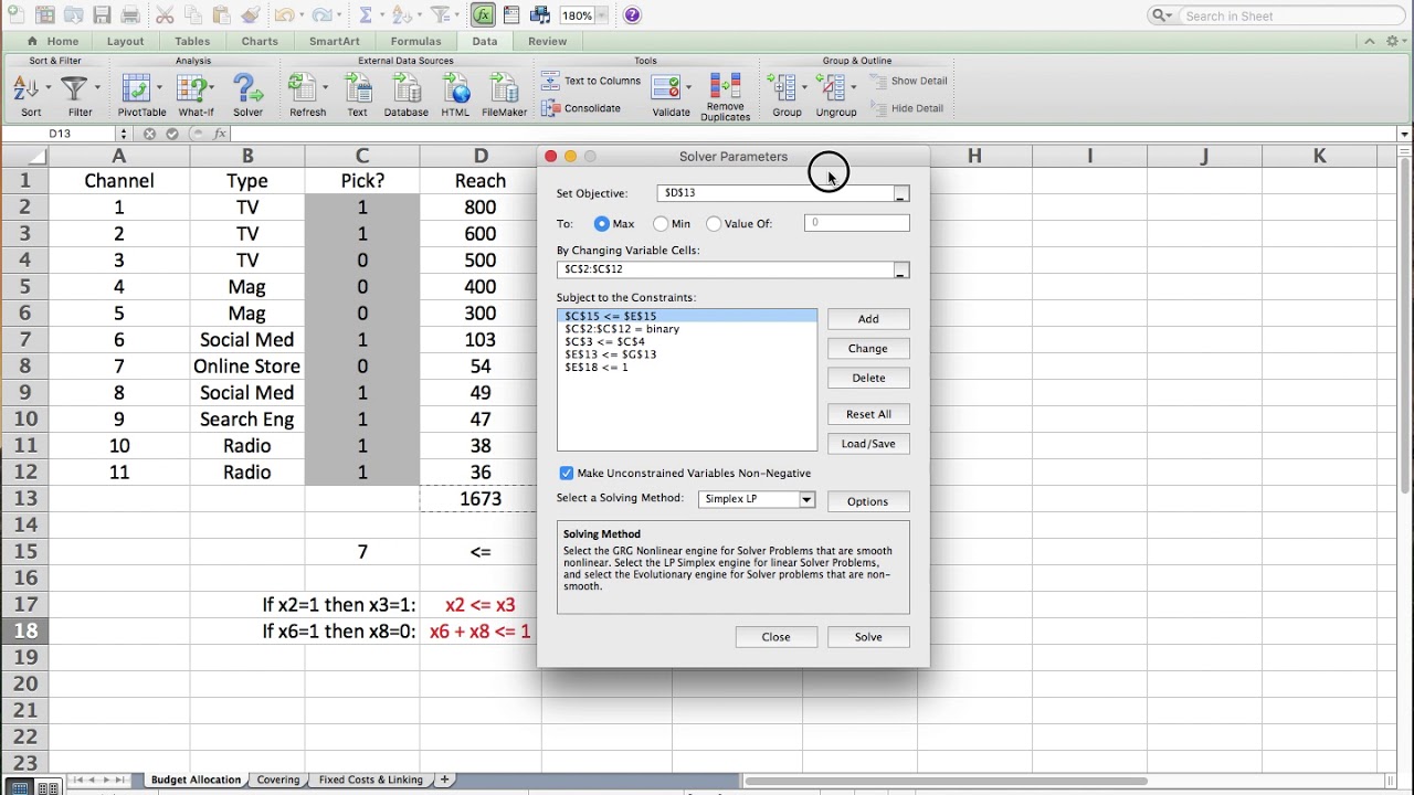 Integer Programming: Logical Conditions with Binary Variables in Excel Solver