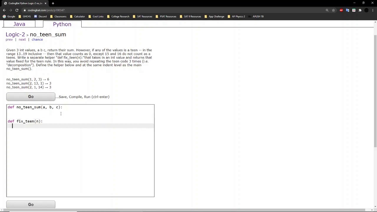 Logic-2 (no_teen_sum) Python Tutorial || Codingbat.com