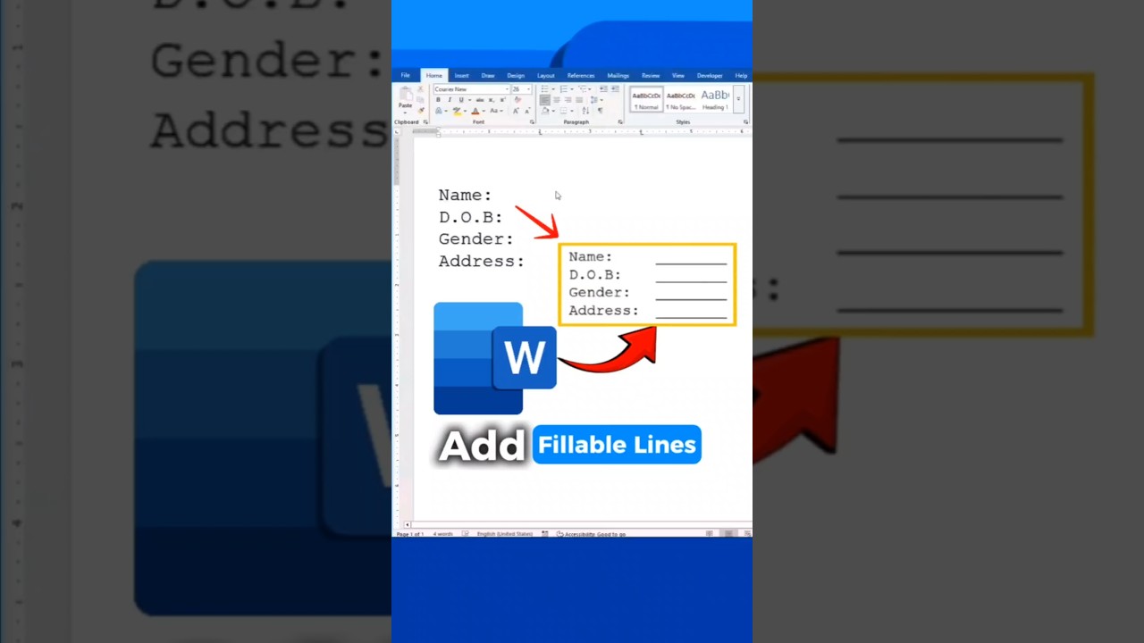Add Fillable Lines in MS Word | Add line after words. #msword