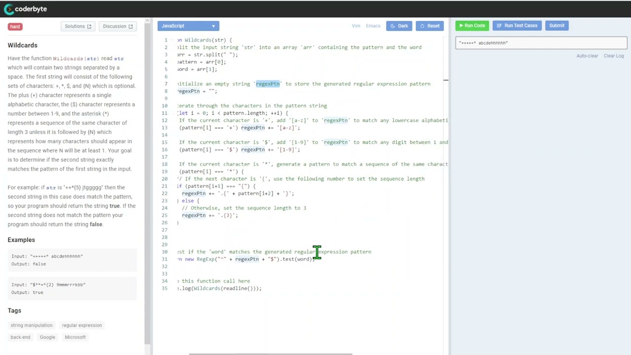 Wildcards - Interview assessment Coderbyte - Code challenge - Solution Source Code Answers