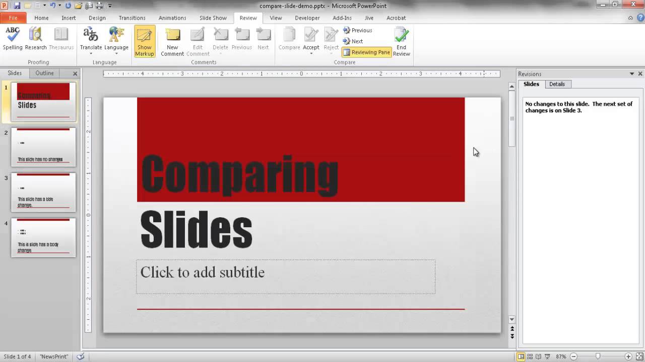Compare and Review Changes Between Two Presentations