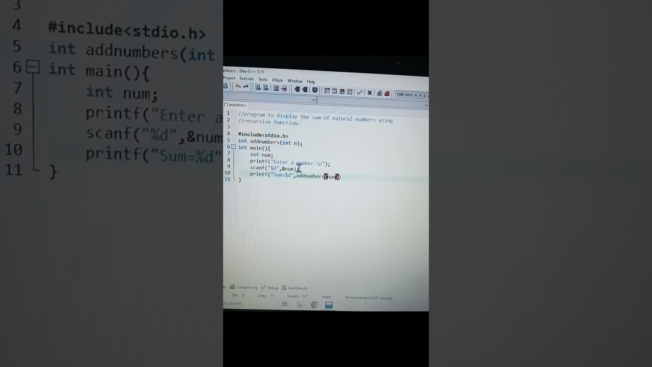 program to display the sum of natural numbers using recursive function #program #coding #foryou