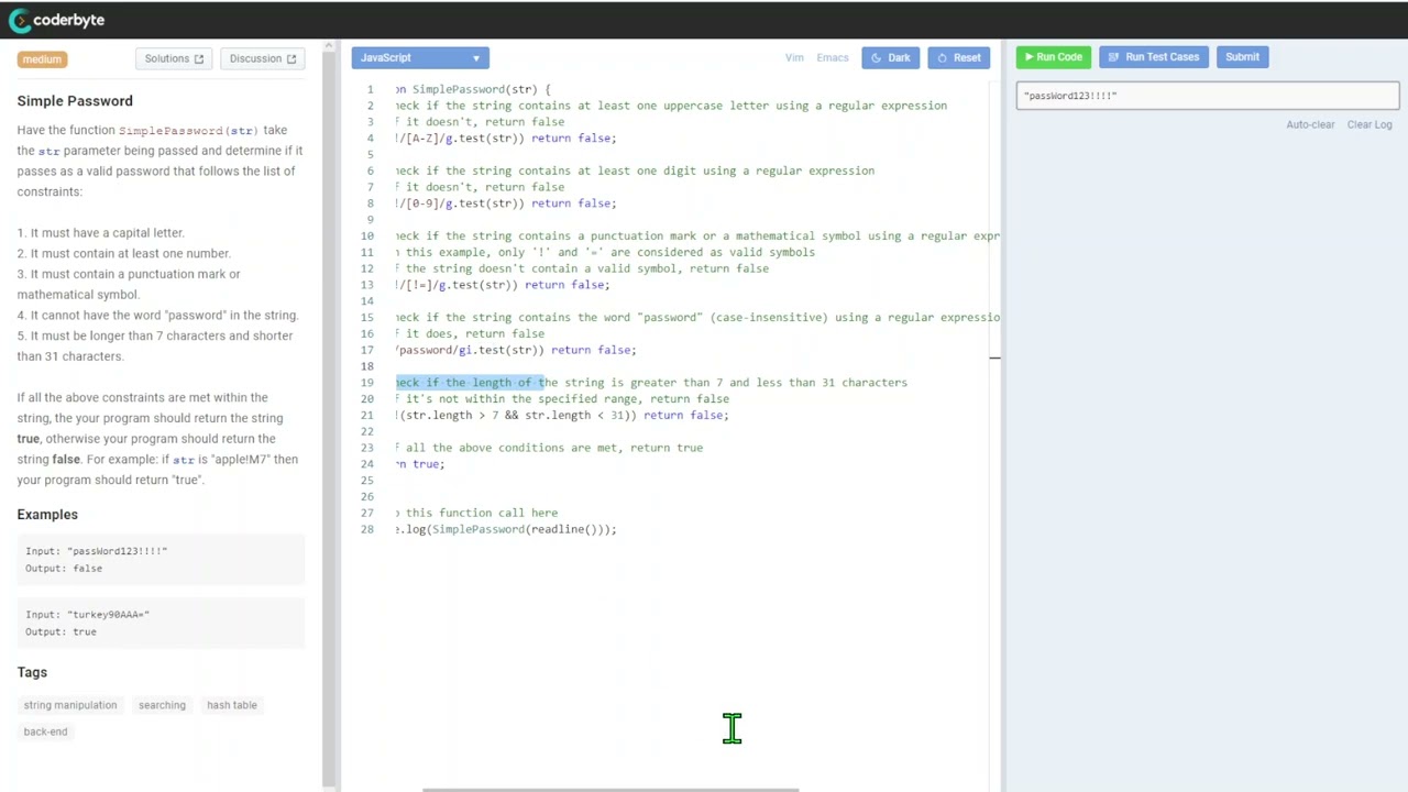 Simple Password - Interview assessment Coderbyte - Code challenge - Solution Source Code Answers