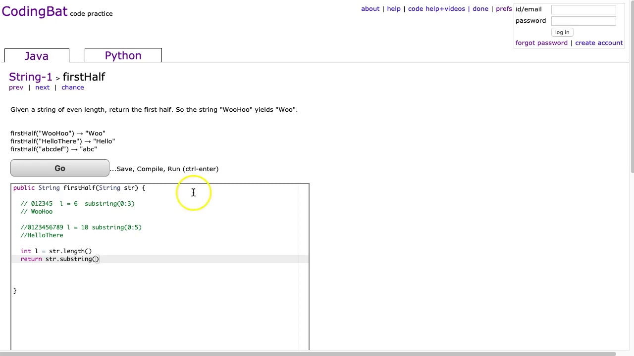 Codingbat - firstHalf (Java)