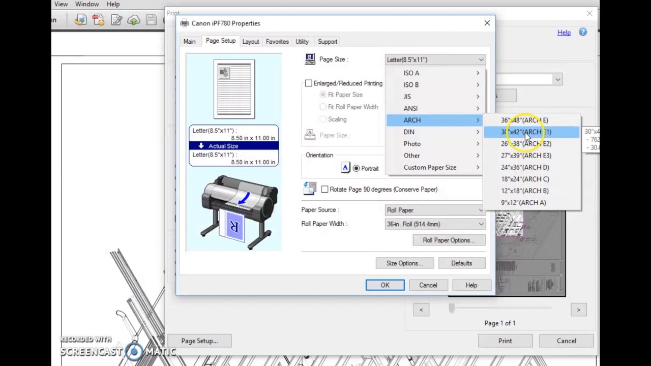 Setting PDF Blueprint Sizes On Canon Plotter Print Driver