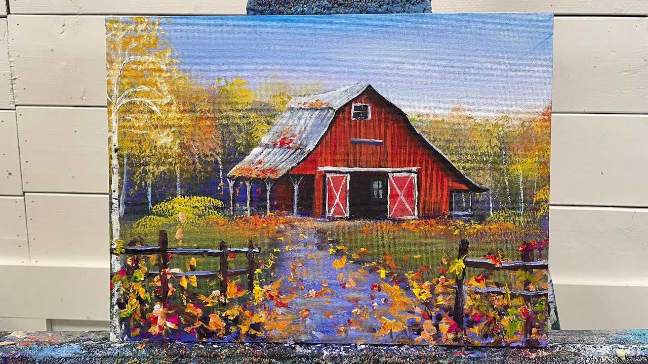 AUTUMN BARN LANDSCAPE ~ Acrylic Painting Tutorial 