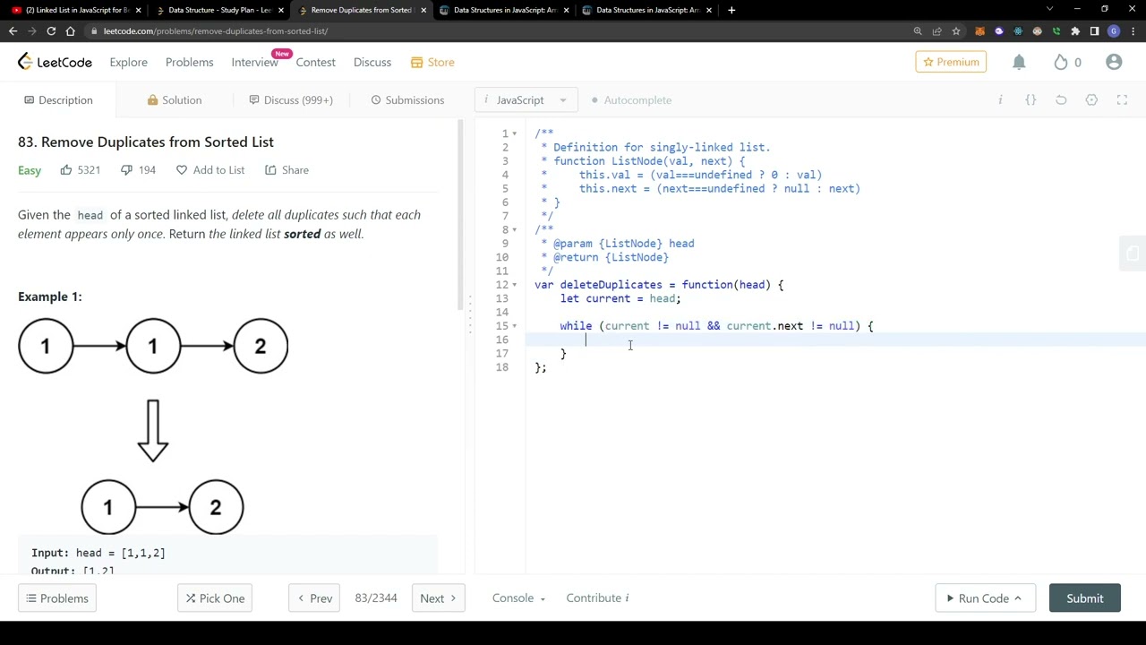 83. Remove Duplicates from Sorted List (Amazon Interview) Leetcode Javascript