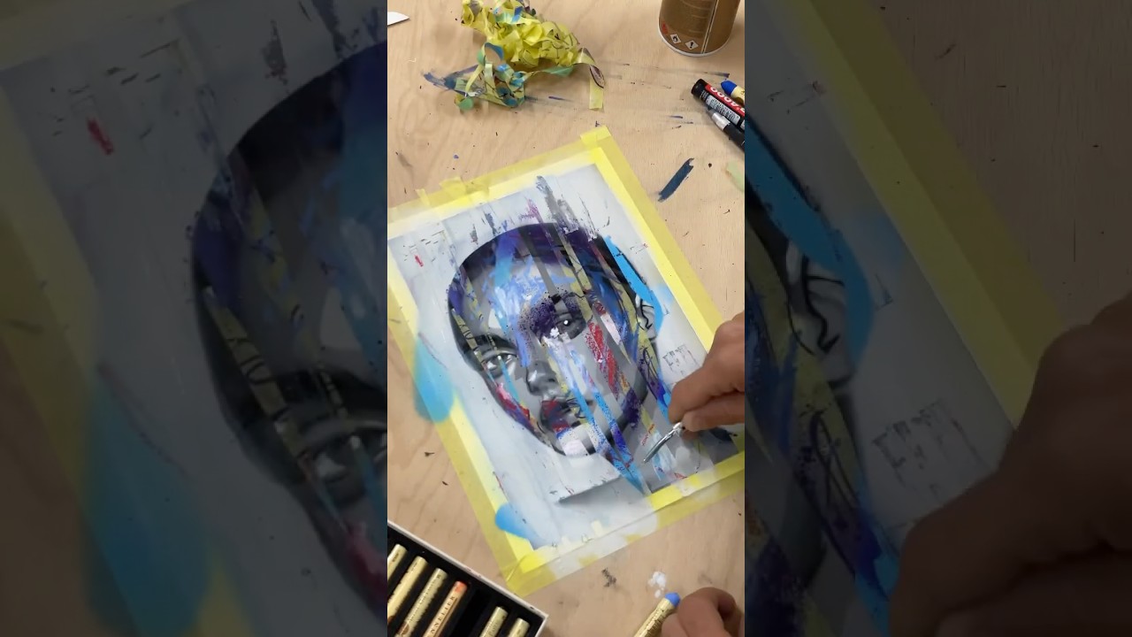 Remixing a Portrait with Mixed Media | Masking Tape, Spray Paint, Oil Pastels & Markers