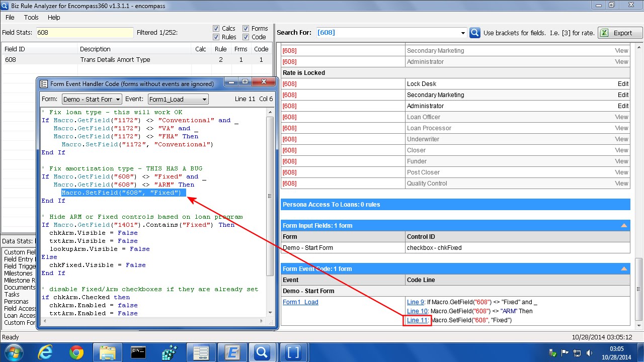 EncompDEV Biz Rule Analyzer for Encompass360 - Demo - Bad Code on Form Load