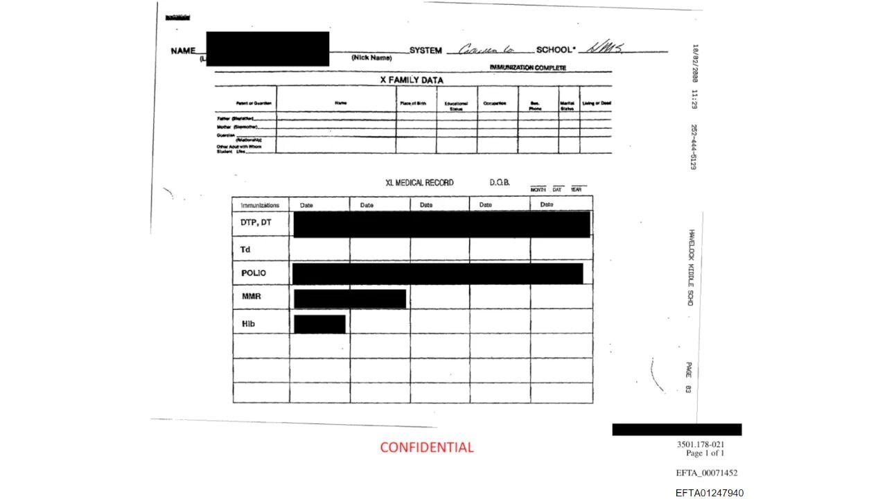 Apparent ENC middle school immunization record found in Epstein files