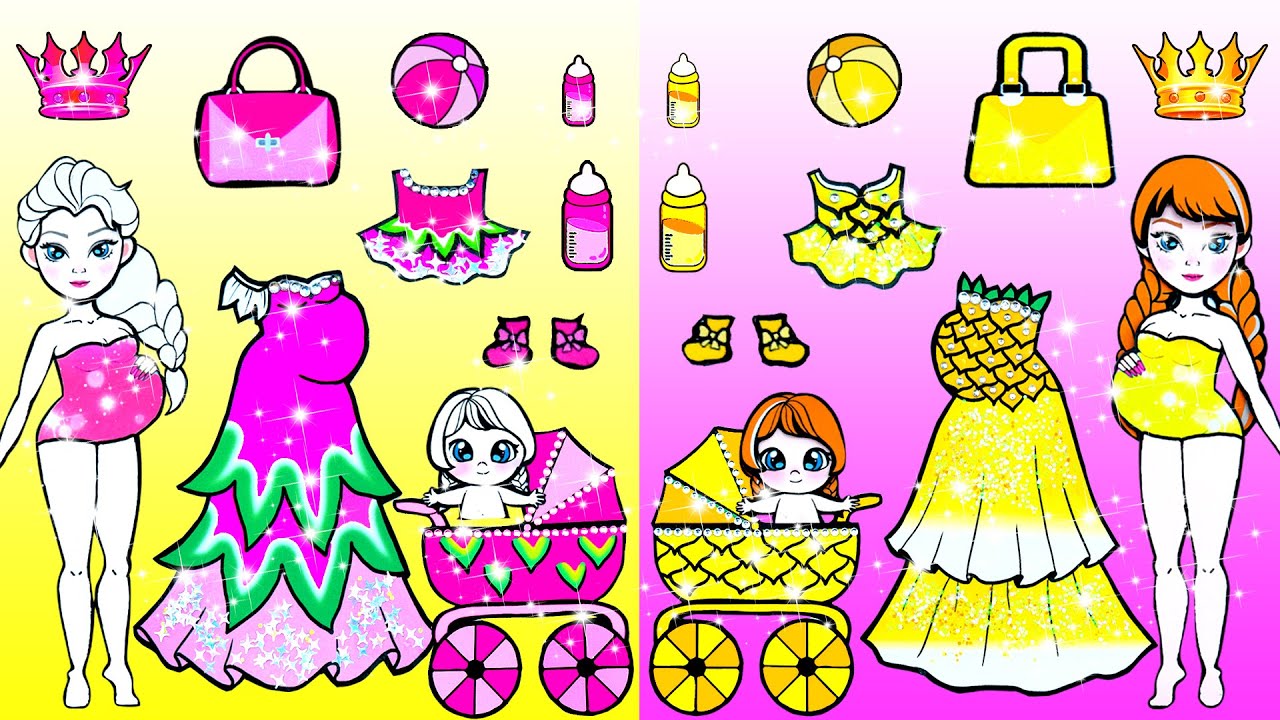 Trucos Y Manualidades Para Muñecas De Papel - Vestido New Fruit Rosa De Elsa Y Anna Amarilla