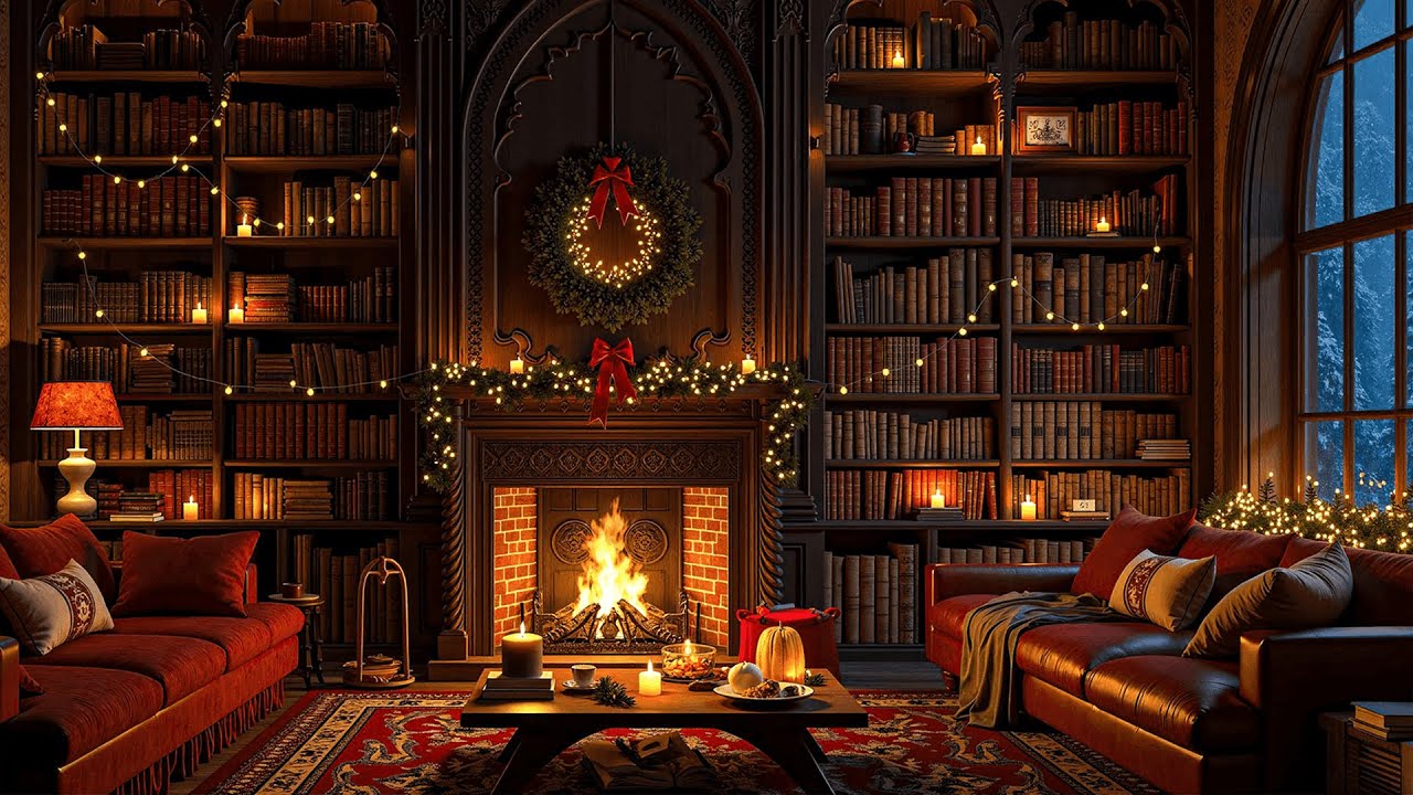 Cozy Christmas Jazz Escape ❄ Snow Falling Outside, Fireplace Warmth, and Relaxing Library Vibes