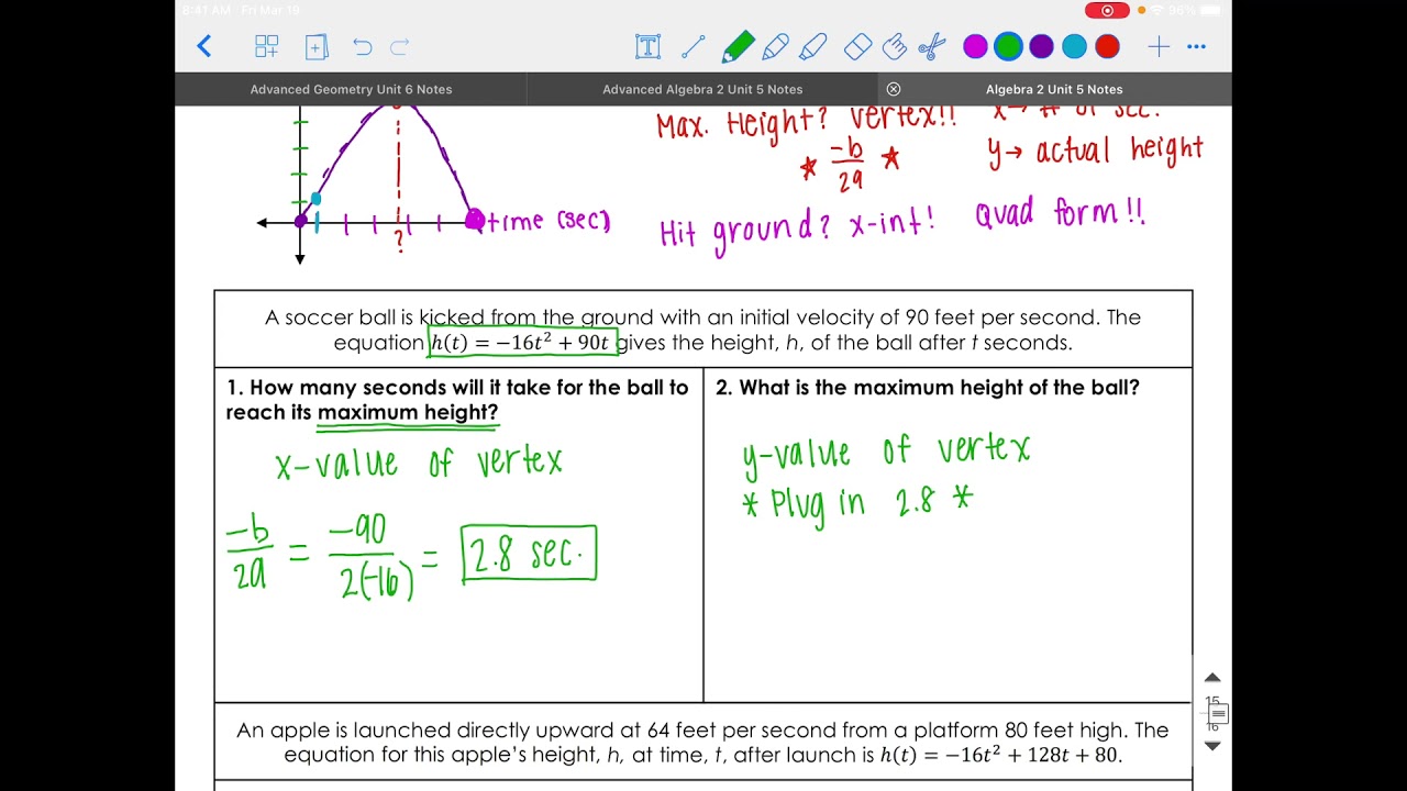 Algebra 2 - 5.10 - Projectile Motion