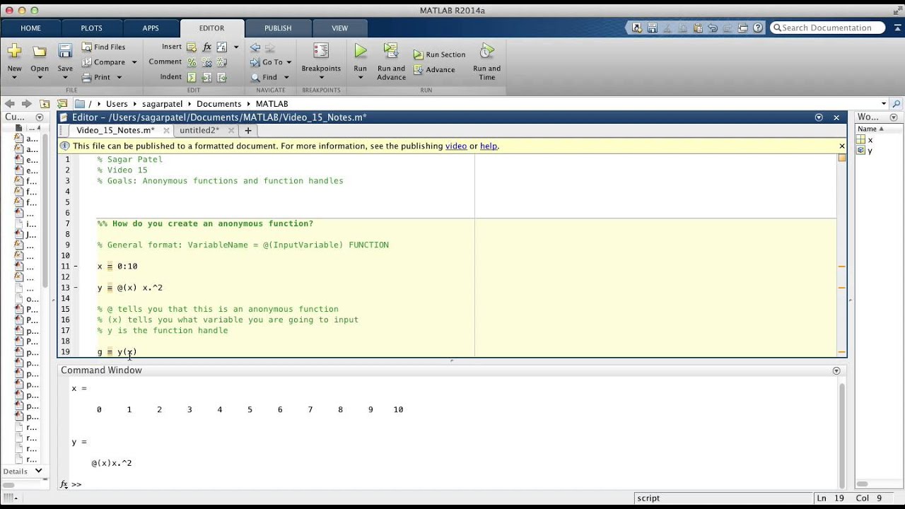 MATLAB Video 15: Anonymous Functions and Function Handles