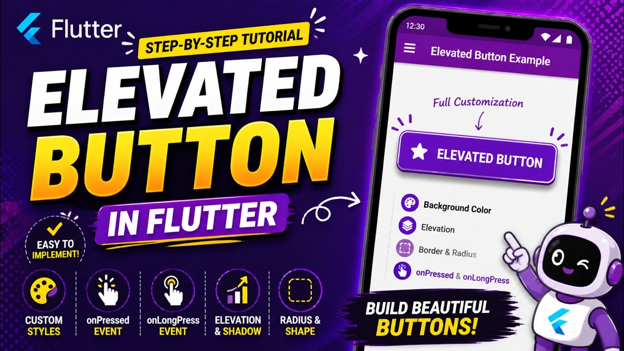 FLUTTER ANDROID - ELEVATED BUTTON || ON CLICK EVENT, BUTTON STYLE, COLOR, SHAPE, BORDER || TUTORIAL