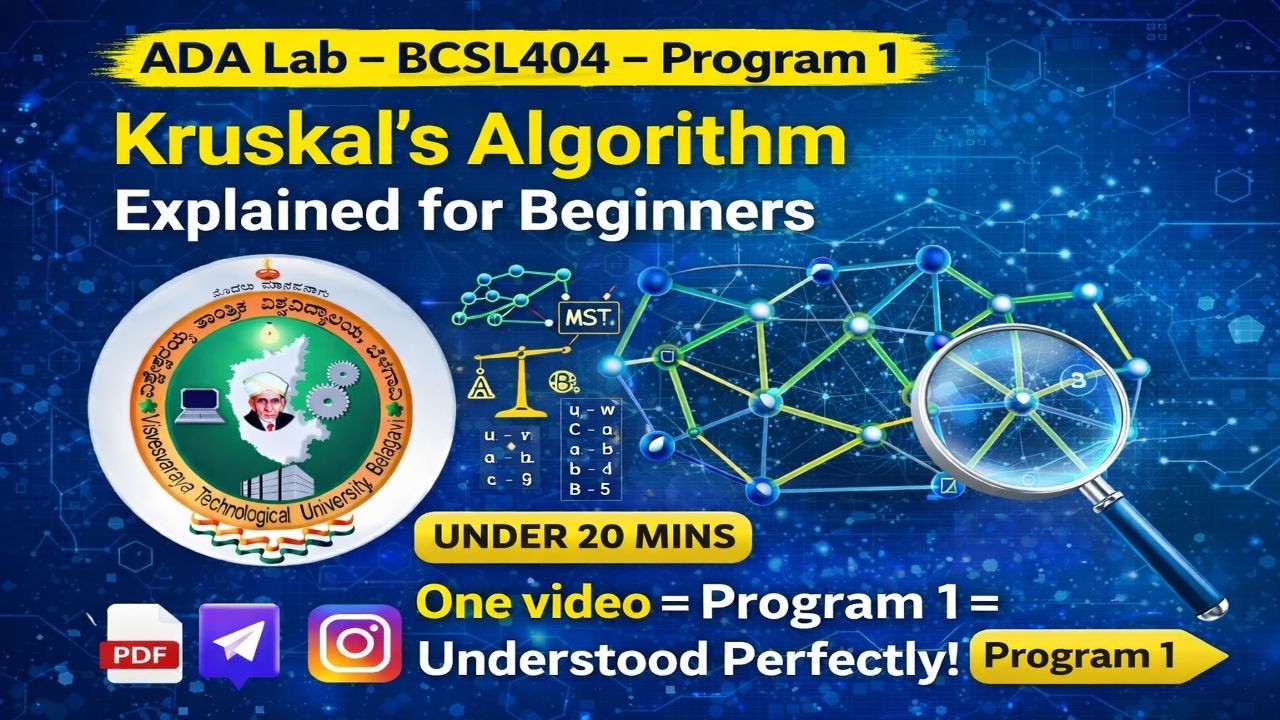 VTU ADA Lab Program 1 | Quick Kruskal’s Algorithm Guide ⚡ Master in 20 Minutes 💯 One Video is Enough