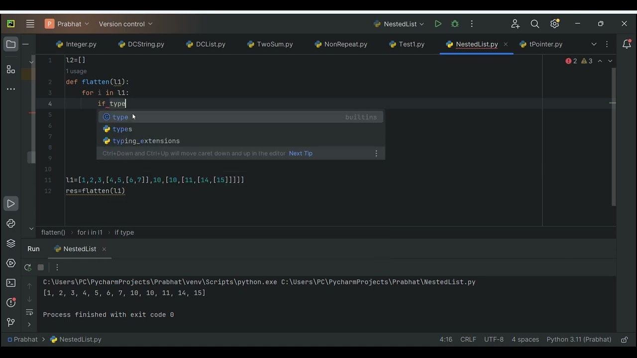 Flattening a nested list in Python using recursion