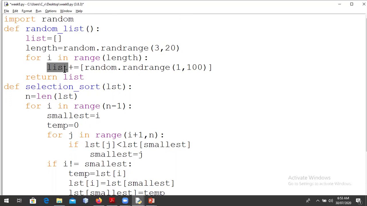Week 8: Sorting a List in Python | Selection Sort Algorithm