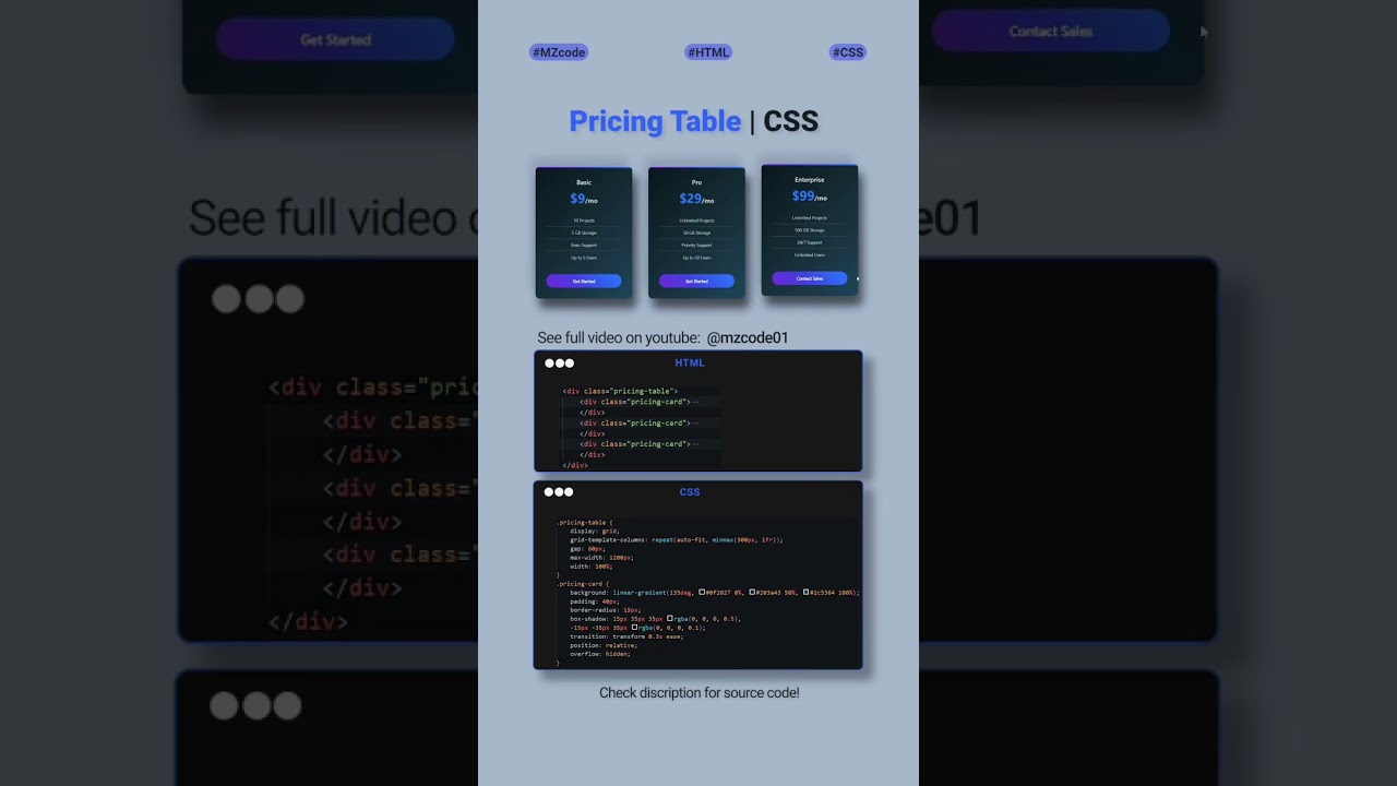 Pricing Table Design | Gradient Animations & Responsive UI | HTML/CSS Tutorial #css #coding #shorts