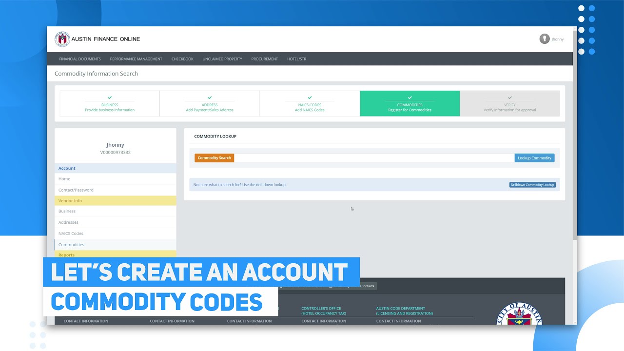 Let's Create An Account: Commodity Codes (Step 5)