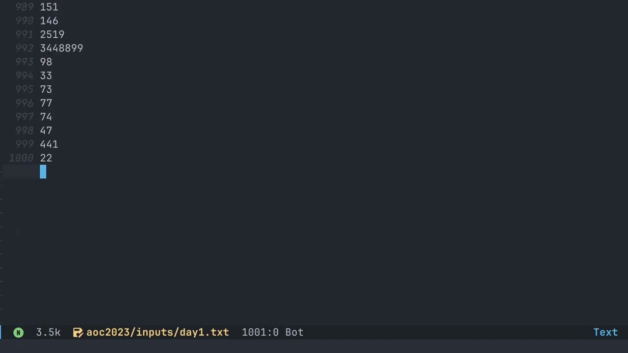 Advent of Code 2023 day 1 part 1 in doom emacs (evil mode)
