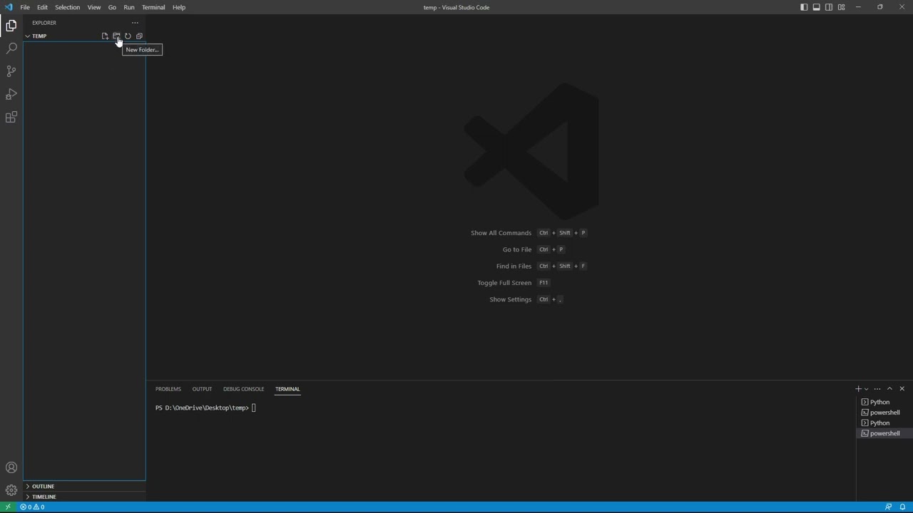 4. Python - select project folder, make and run a python file