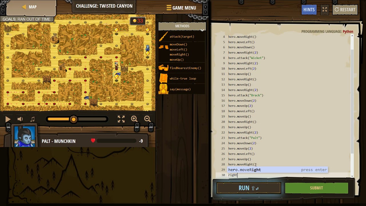 Code Combat PYTHON Level TWISTED CANYON, Basic Syntax Strings While Loops Variables Reading the Docs