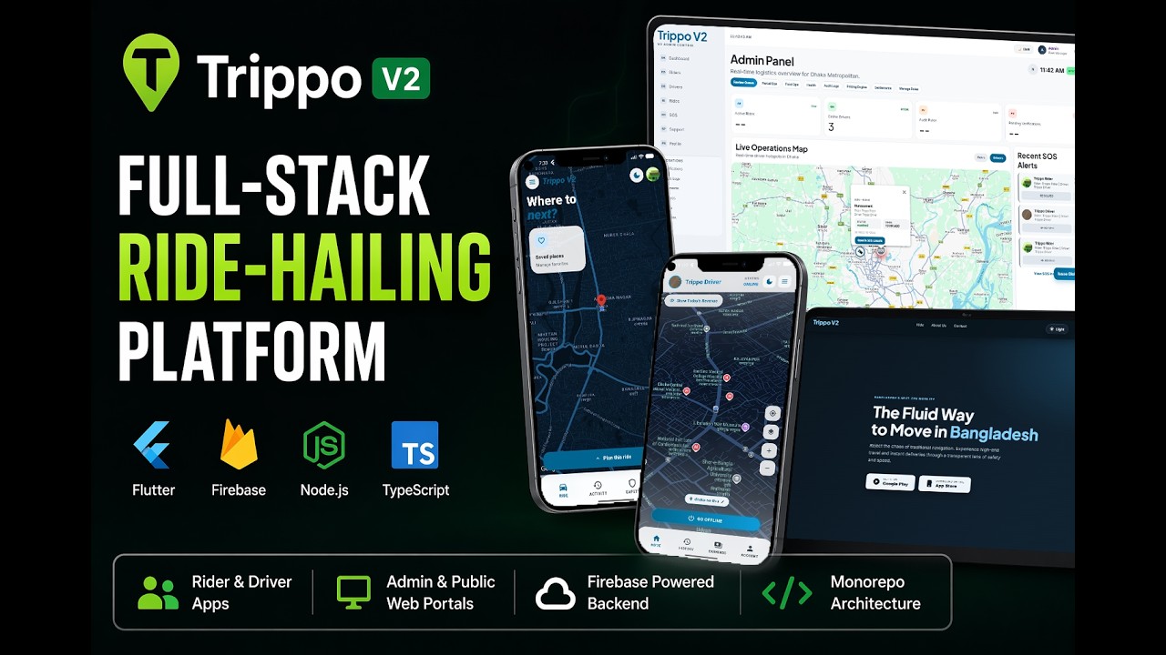 Trippo V2 (Ride Sharing, Uber Clone) | Admin + 2 Apps + Website with Next.js, Flutter, Firebase