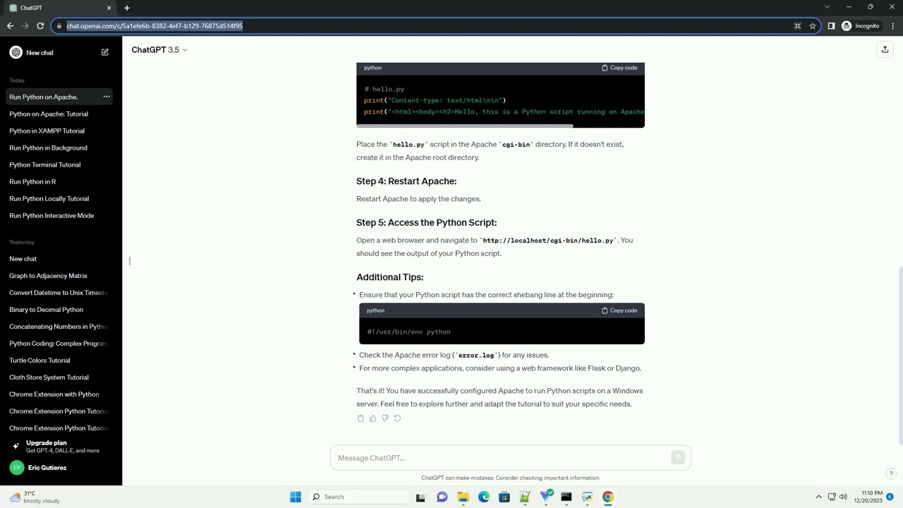 how to run python script on apache server windows