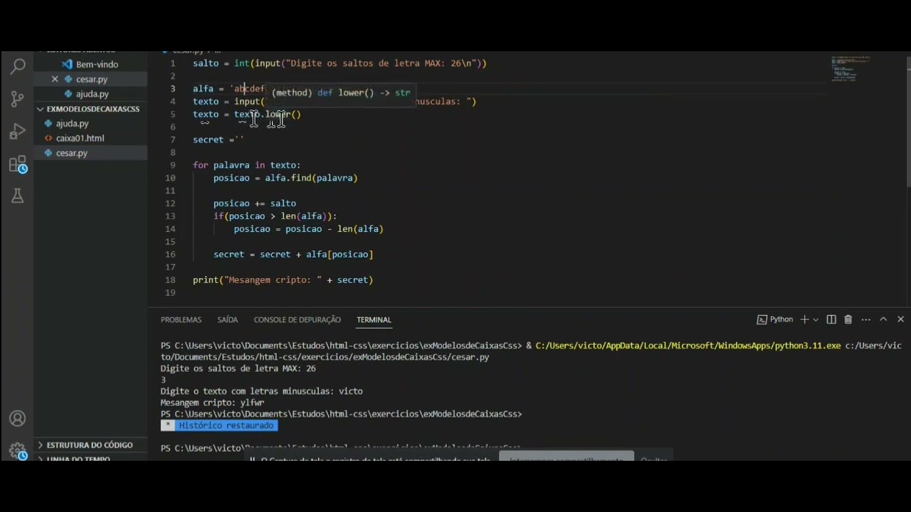 CIFRA DE CESAR EM PYTHON CÓDIGO
