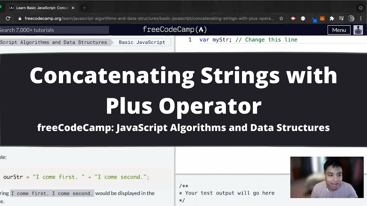 Concatenating Strings with Plus Operator (Basic JavaScript) freeCodeCamp tutorial
