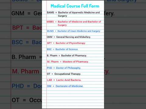 Medical course full form || most important full form || BAMS, MBBS, BUMS, GNM, BPT, BAC, PHD, OT, DM