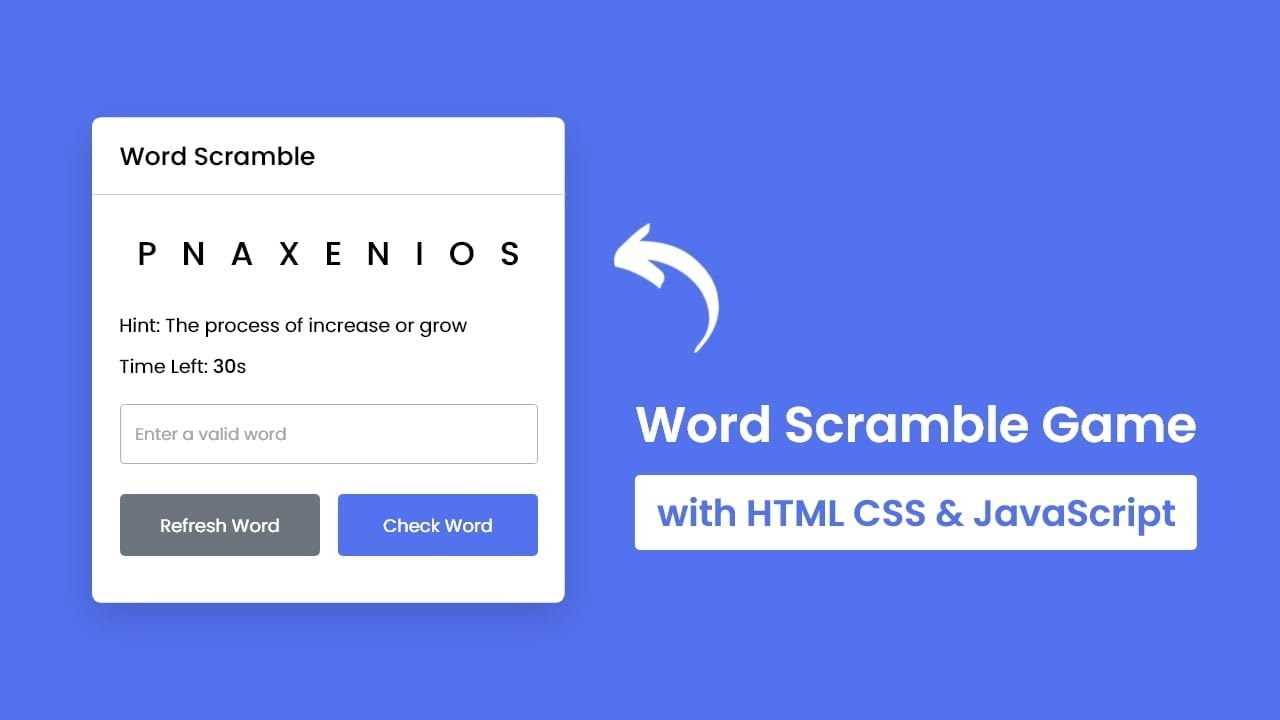 Word Scramble Game in HTML CSS & JavaScript Free source code