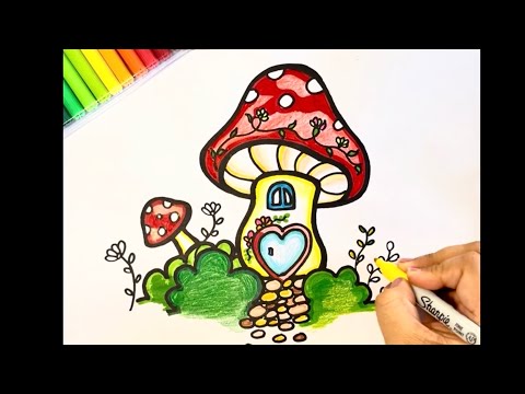 How to draw a mushroom 🍄 house for kids and toddlers-easy drawing 2025-fun coloring tutorial