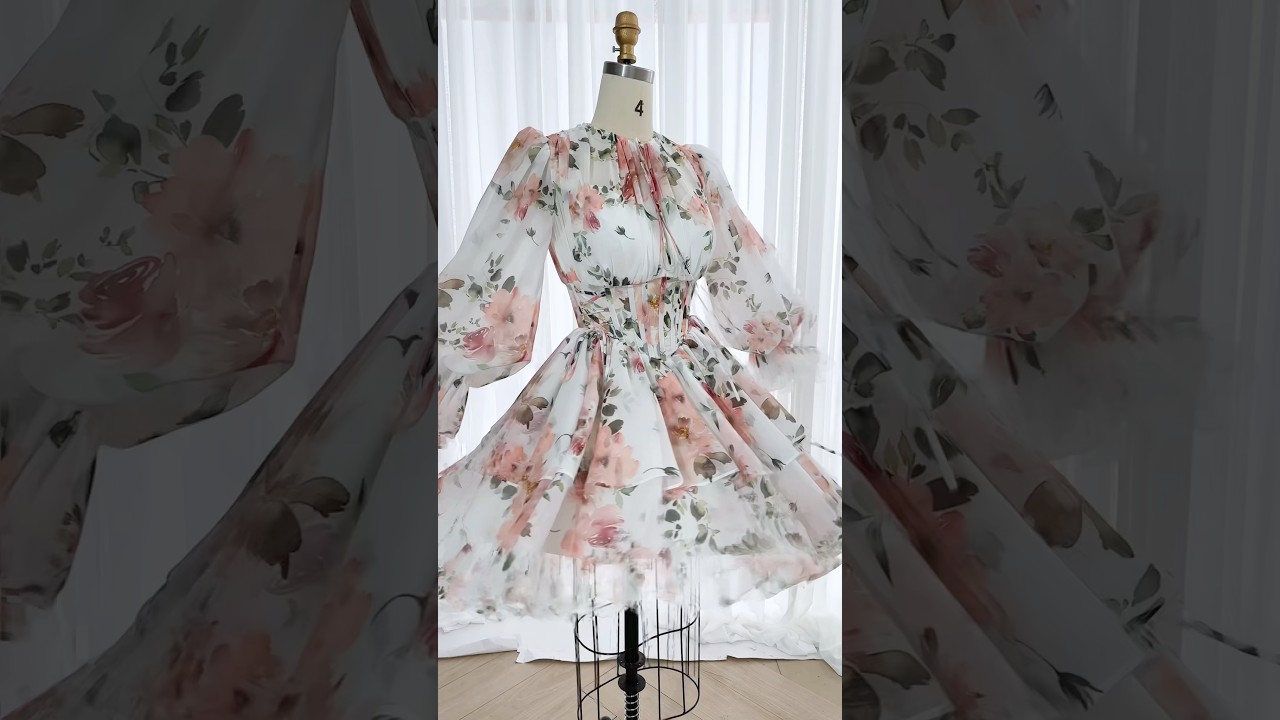 Corset long sleeves floral print chiffon mini tiered dress #dress #gown #fashion #promdress #sewing