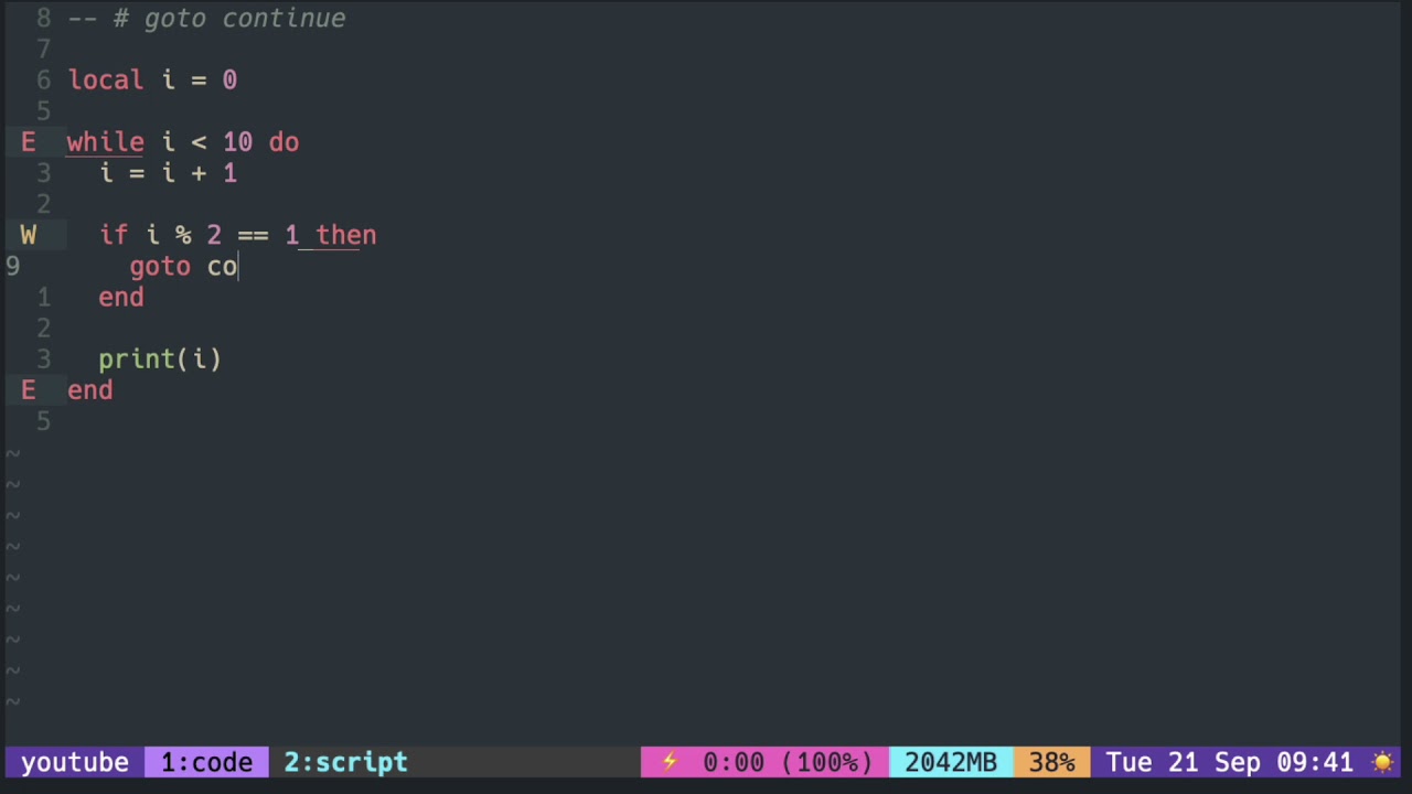 Lua Tutorial with Neovim: Loop ( continue & redo )
