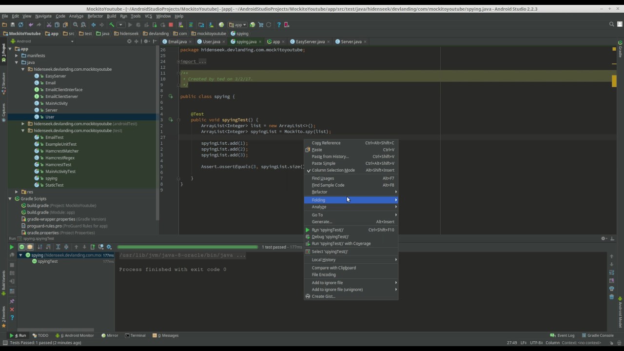 Android Mockito tutorial - Spying