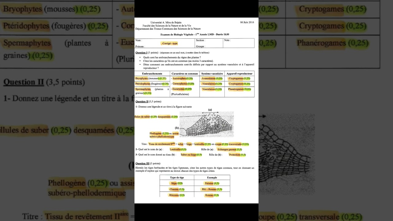 Examens Corrigés Biologie végétale Lien de téléchargement PDF dans les commentaires