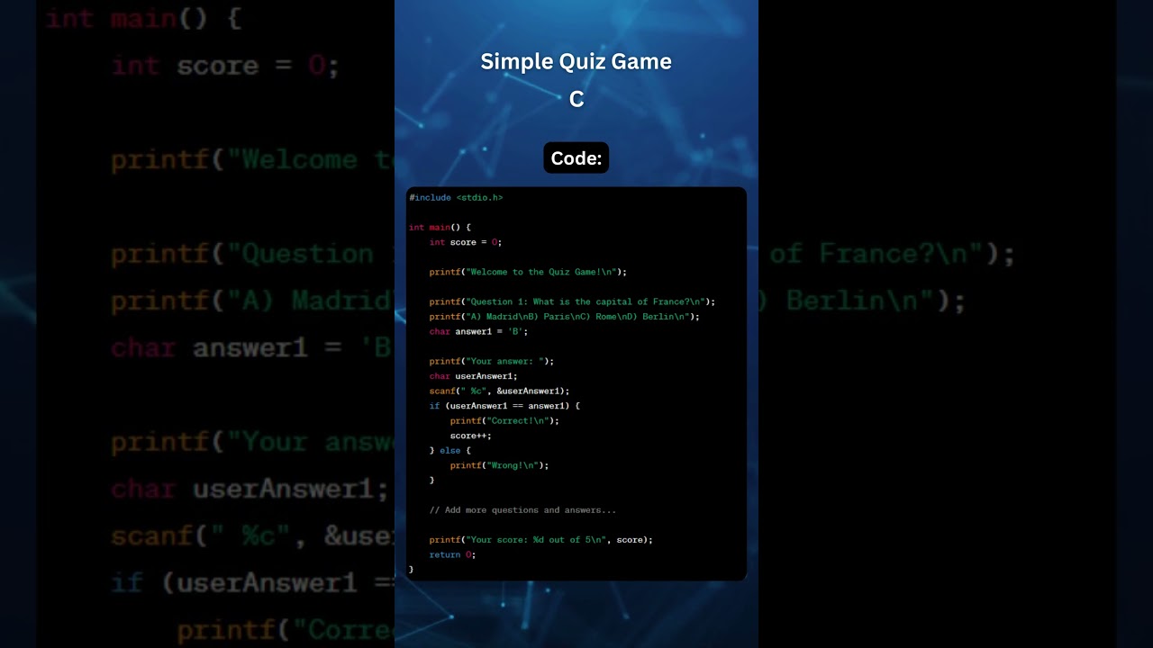 Simple Quiz Game in C #coding #gaming #code #coder #cprogramming  #tutorial #developer