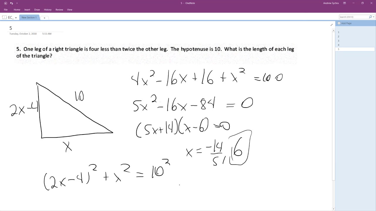 One leg of a right triangle is four less than twice the other leg. The hypotenuse is 10