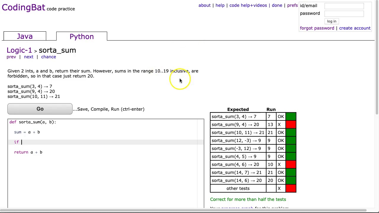 Codingbat - sorta_sum (Python)
