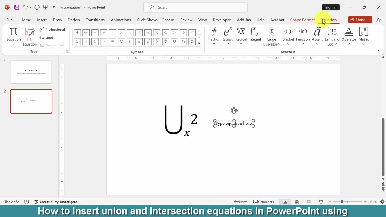How to insert union and intersection equations in PowerPoint using