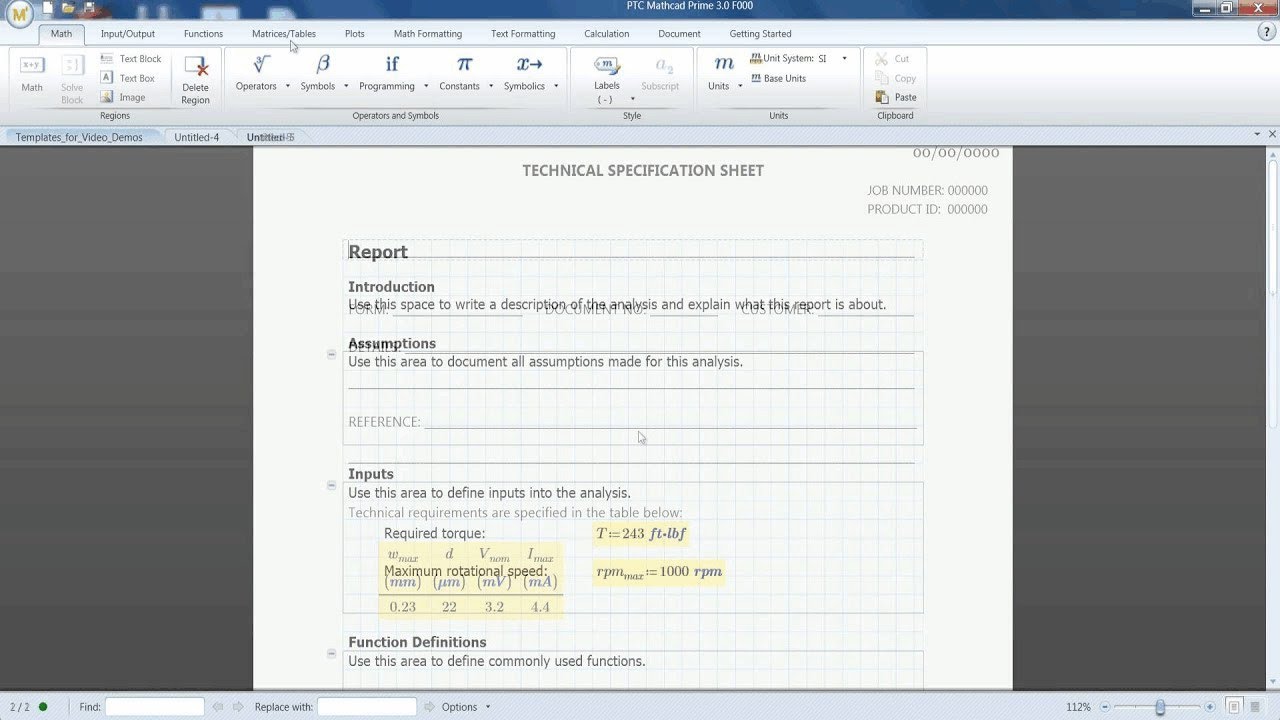 PTC Mathcad Demo - Templates