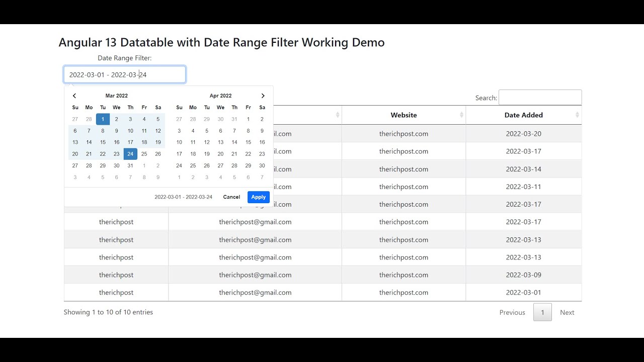Angular 13 Datatable with Date Range Filter Working Demo